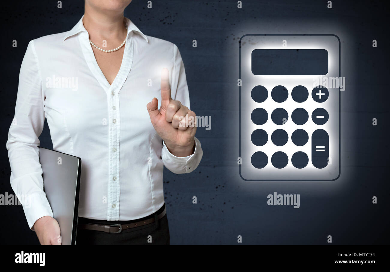 Calculator touchscreen is shown by businesswoman Stock Photo - Alamy
