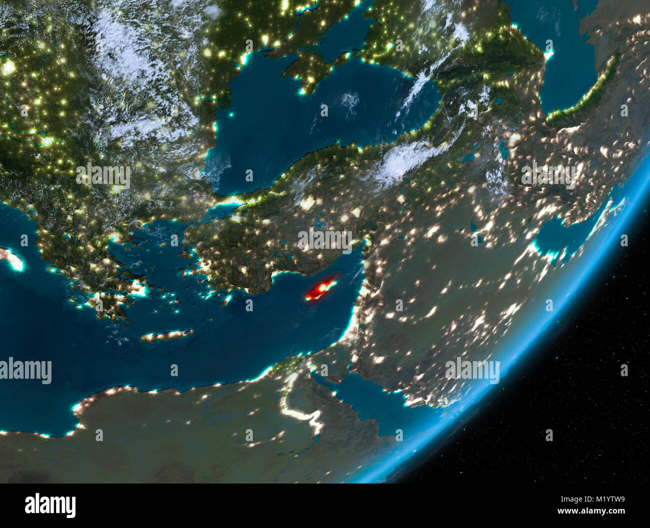 Cyprus from orbit of planet Earth at night with highly detailed surface ...