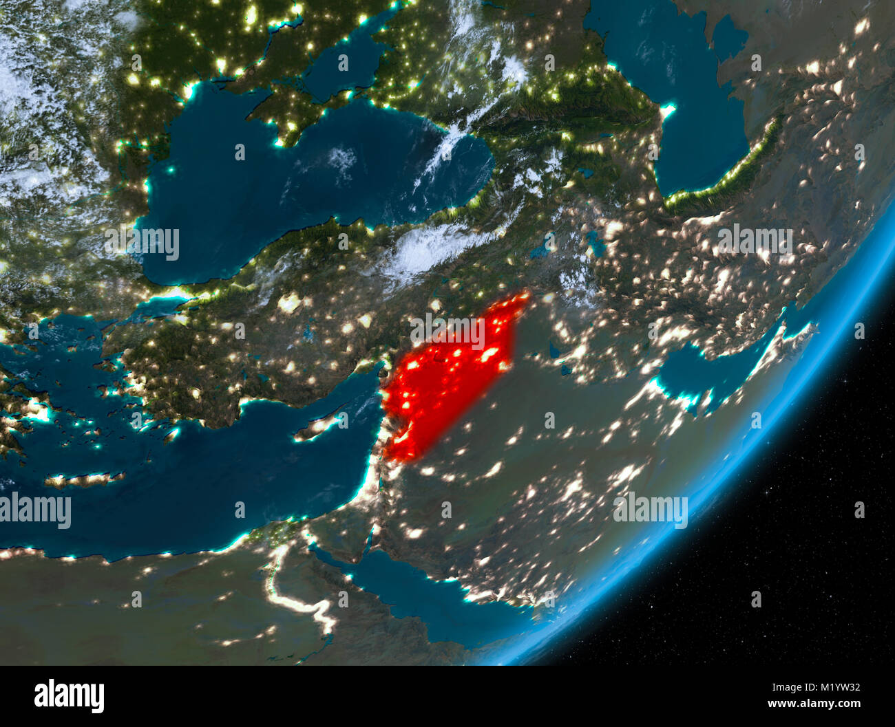 Syria from orbit of planet Earth at night with highly detailed surface ...
