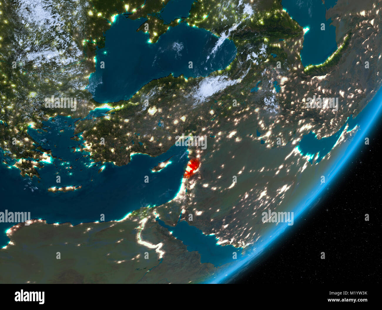 Lebanon from orbit of planet Earth at night with highly detailed ...