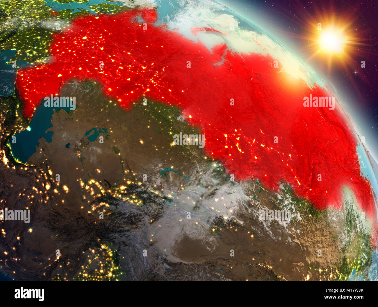 Sunrise above Russia highlighted in red on model of planet Earth in ...