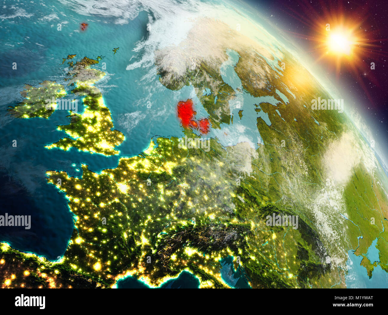 Sunrise above Denmark highlighted in red on model of planet Earth in space. 3D illustration ...