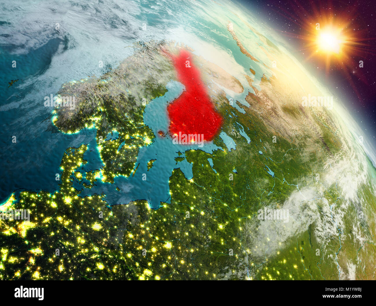 Sunrise above Finland highlighted in red on model of planet Earth in ...