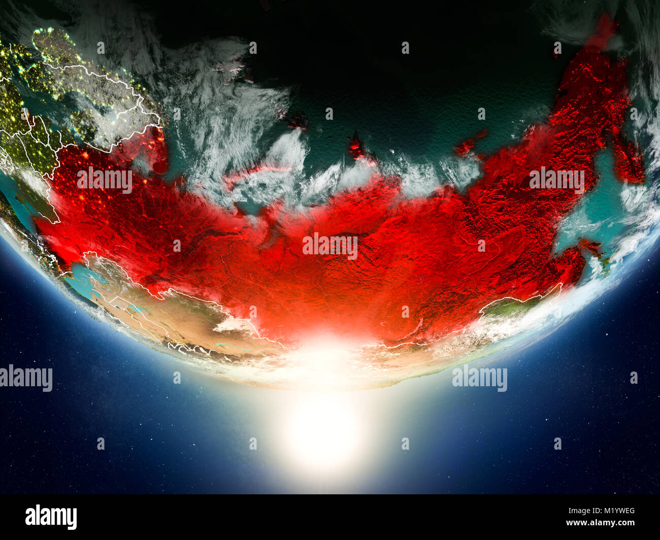 Russia from orbit of planet Earth in sunrise with highly detailed ...