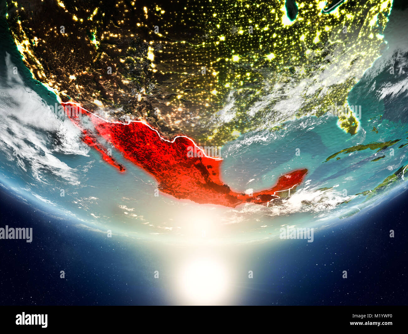 Mexico from orbit of planet Earth in sunrise with highly detailed ...