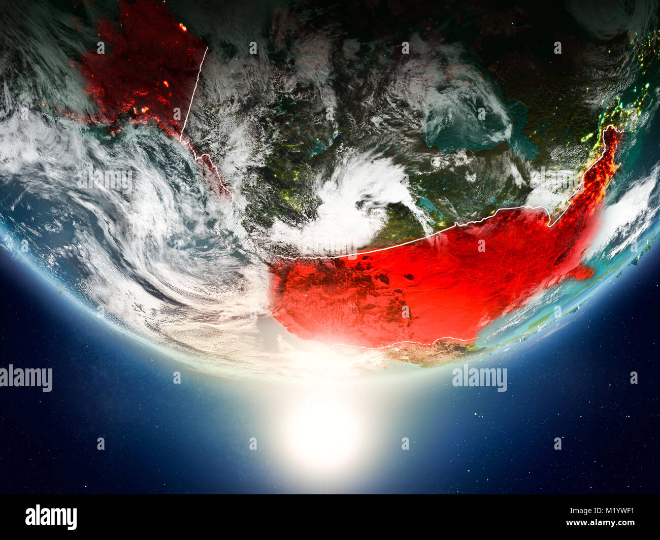USA from orbit of planet Earth in sunrise with highly detailed surface ...