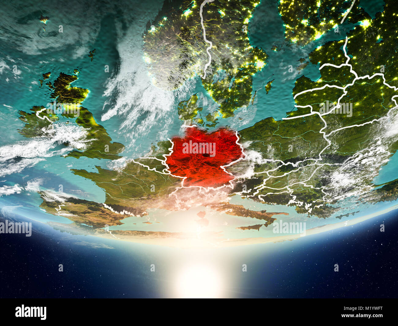 Germany from orbit of planet Earth in sunrise with highly detailed ...