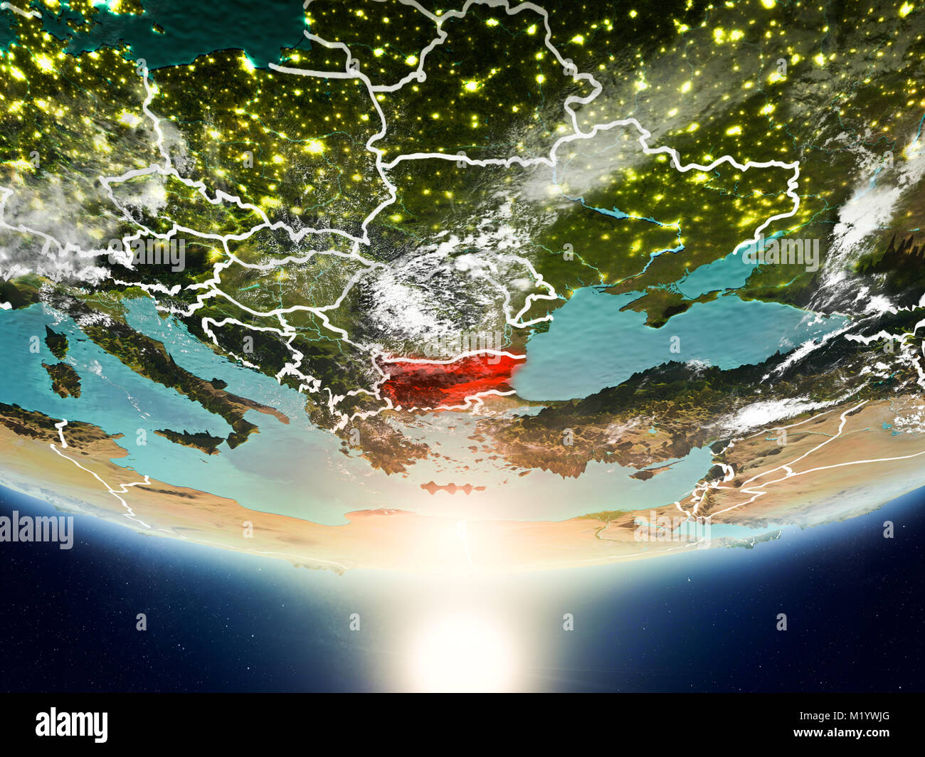 Bulgaria from orbit of planet Earth in sunrise with highly detailed ...