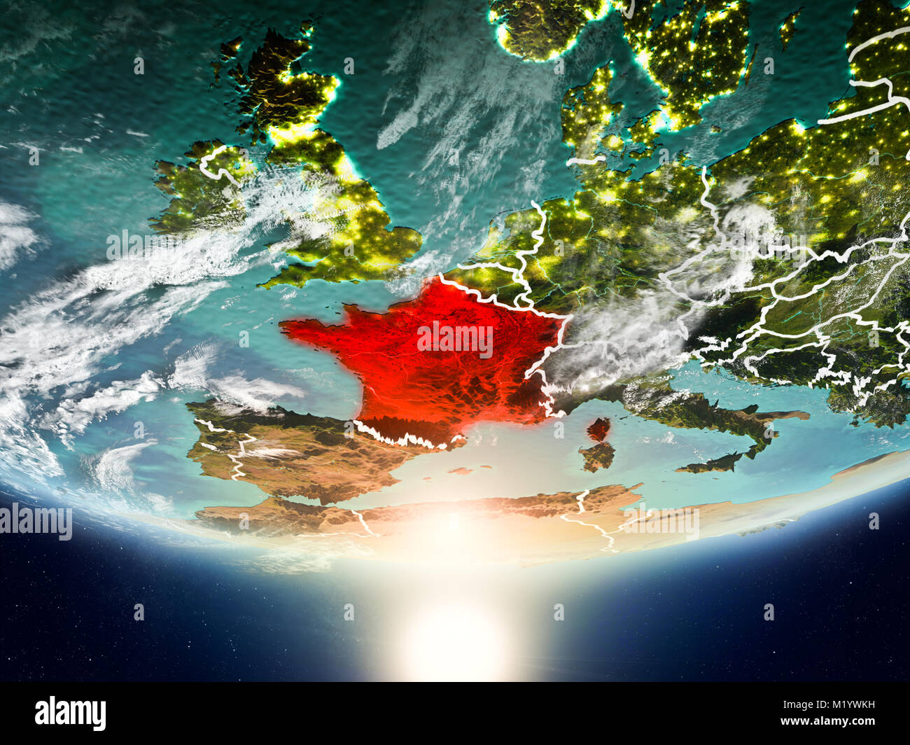 France from orbit of planet Earth in sunrise with highly detailed ...