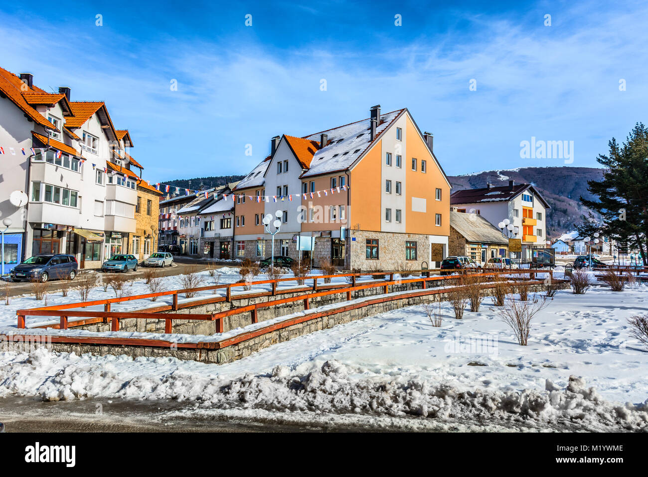 Winter scenery in city center of Kupres town, Eastern Europe, popular ...