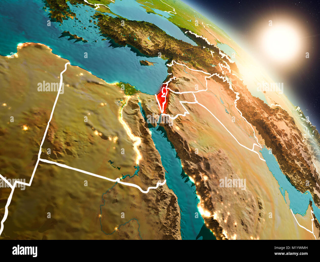 Sunset above Israel from space on planet Earth with visible country ...