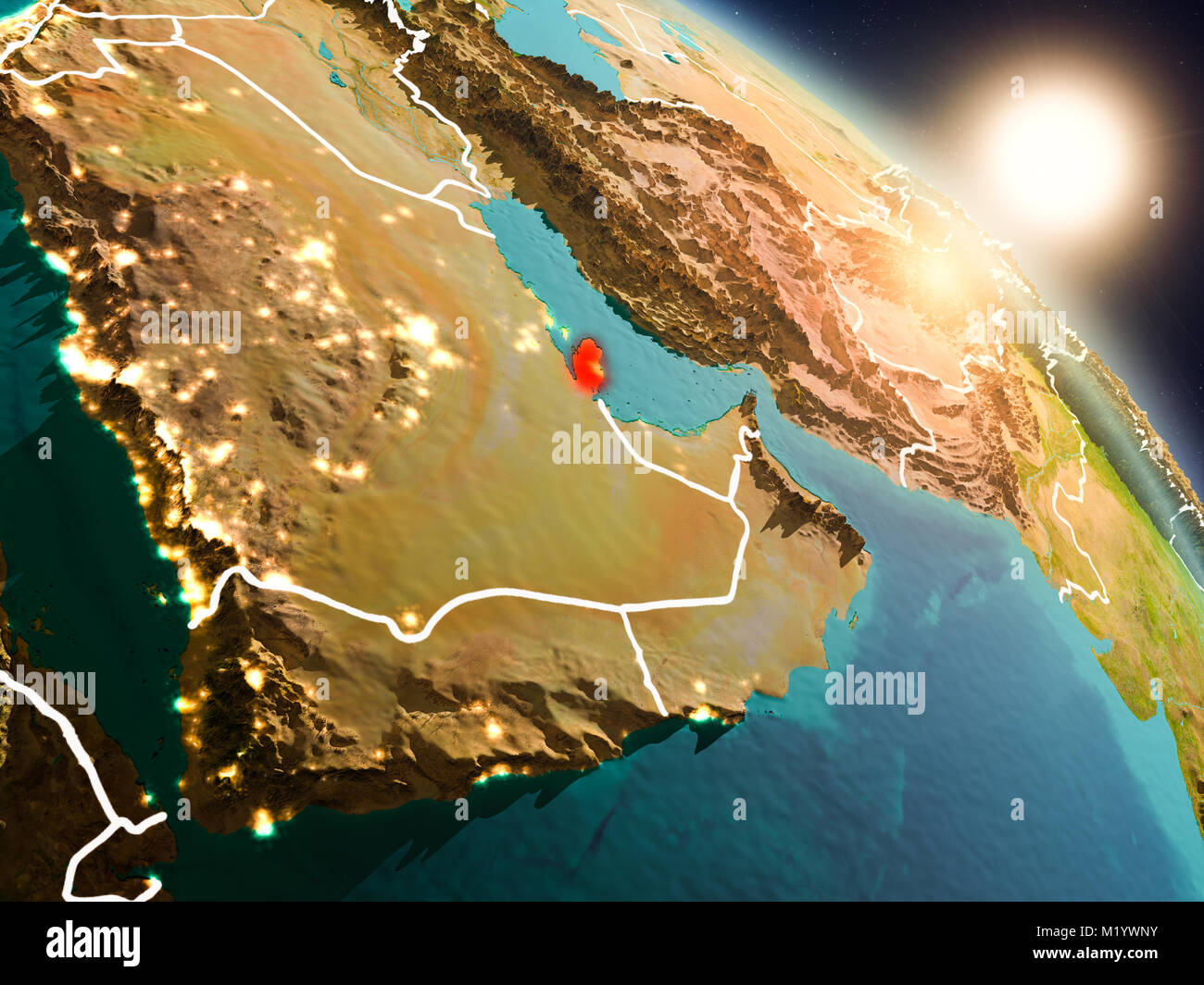 Sunset above Qatar from space on planet Earth with visible country ...