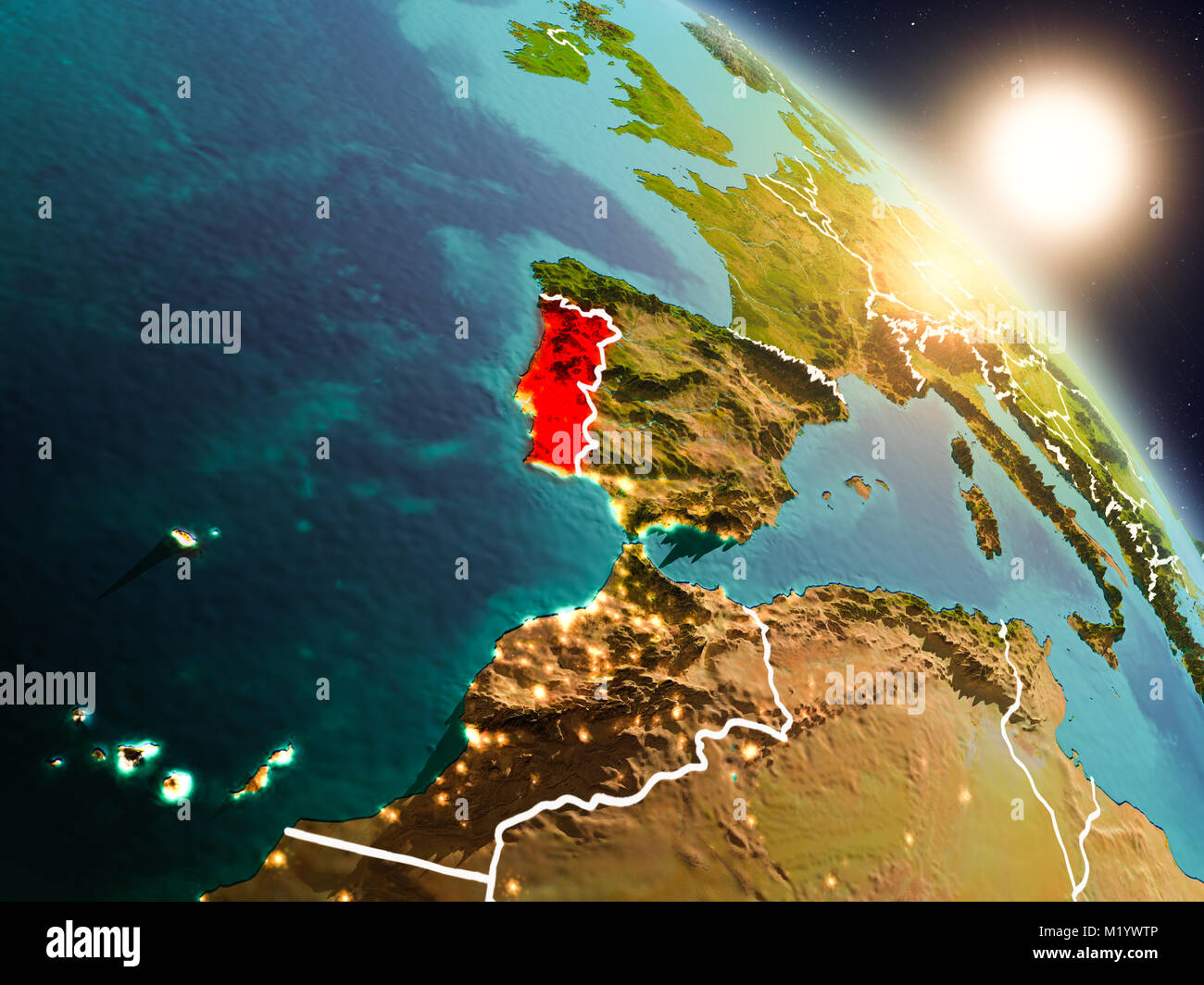 Sunset above Portugal from space on planet Earth with visible country ...