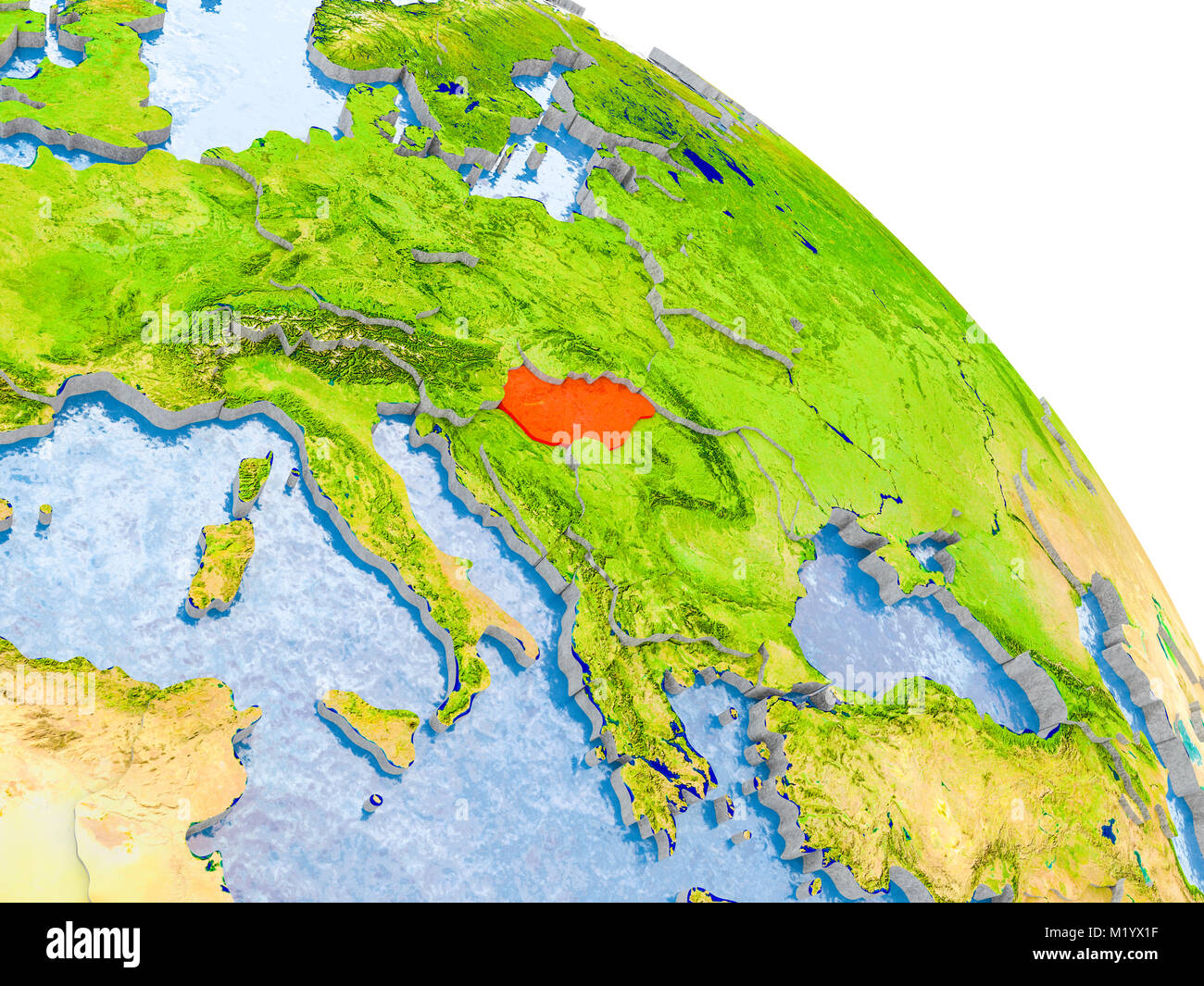 Illustration of Hungary highlighted in red on glob with realistic ...