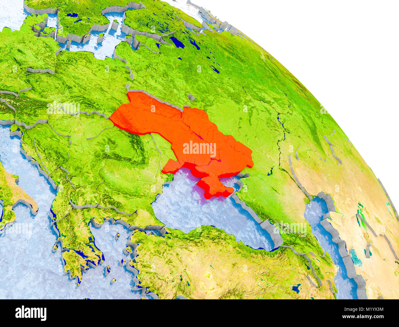 Illustration of Ukraine highlighted in red on glob with realistic ...