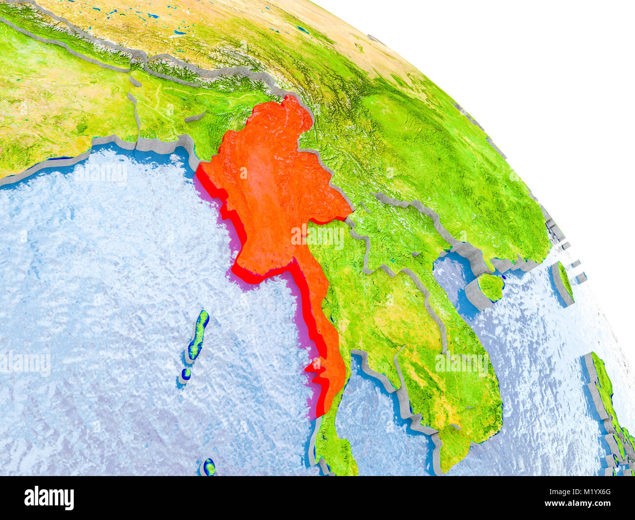 Illustration of Myanmar highlighted in red on glob with realistic ...