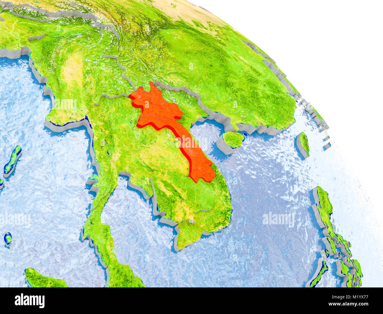 Illustration of Laos highlighted in red on glob with realistic surface ...