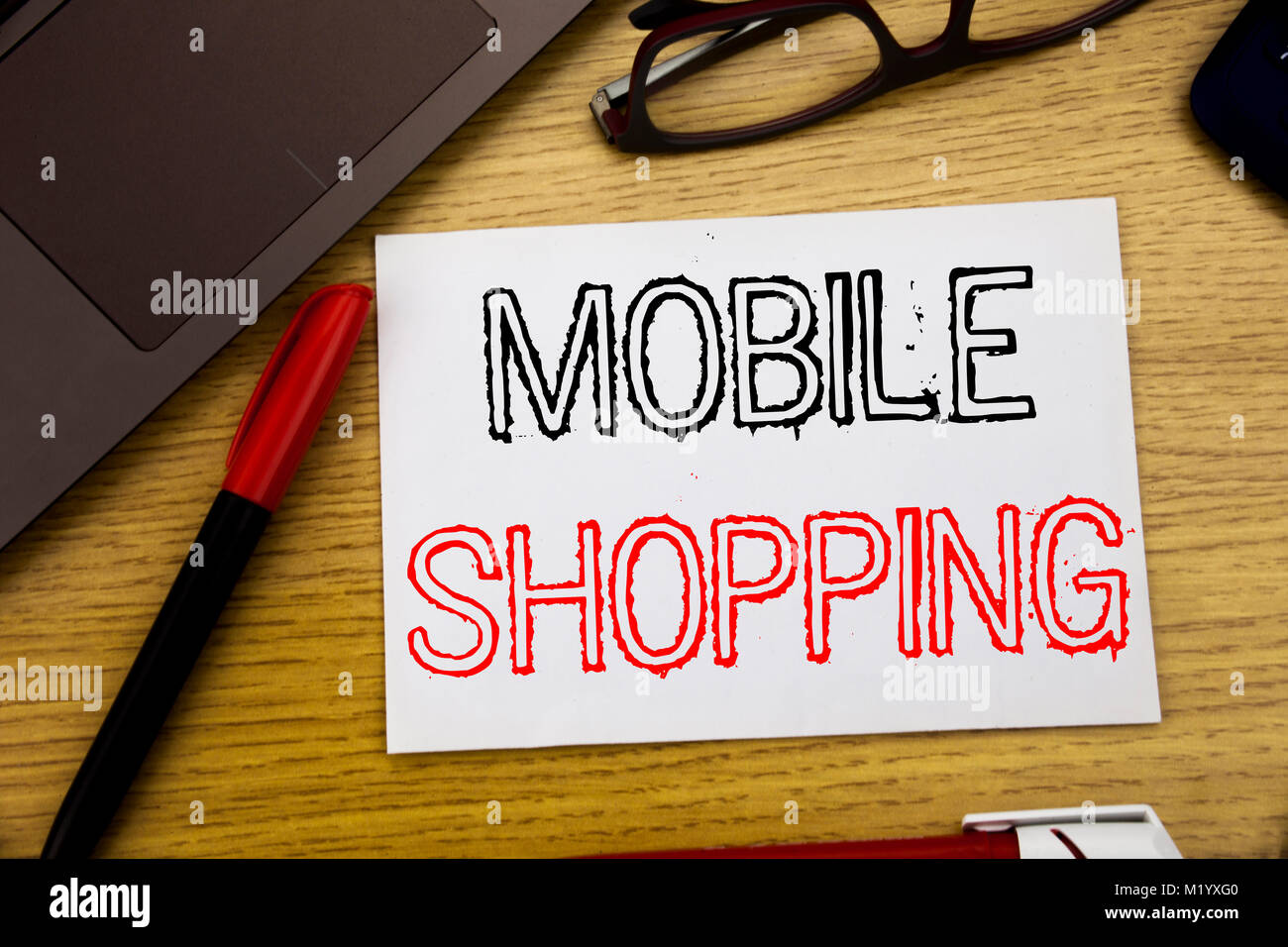 Handwriting Announcement text showing Mobile Shopping. Business concept ...