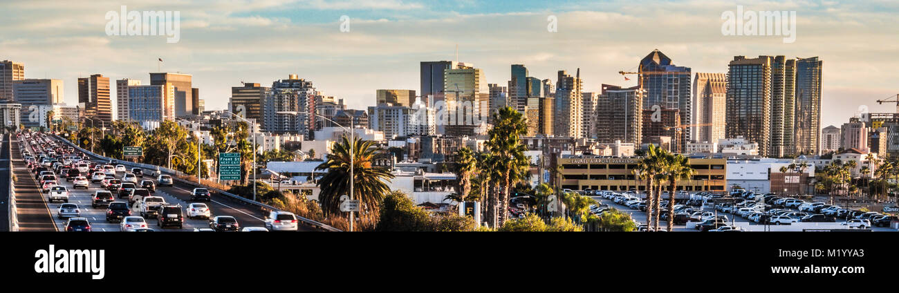 san diego skyline Interstate 5 rush hour traffic at night Stock Photo ...