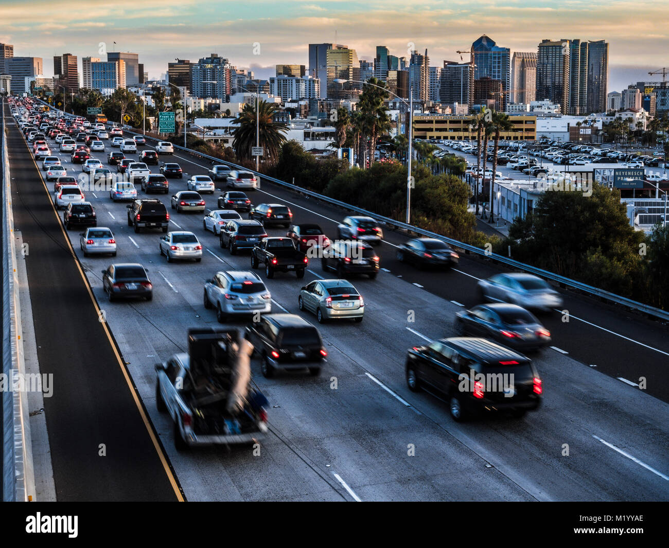 san diego skyline Interstate 5 rush hour traffic at night Stock Photo ...