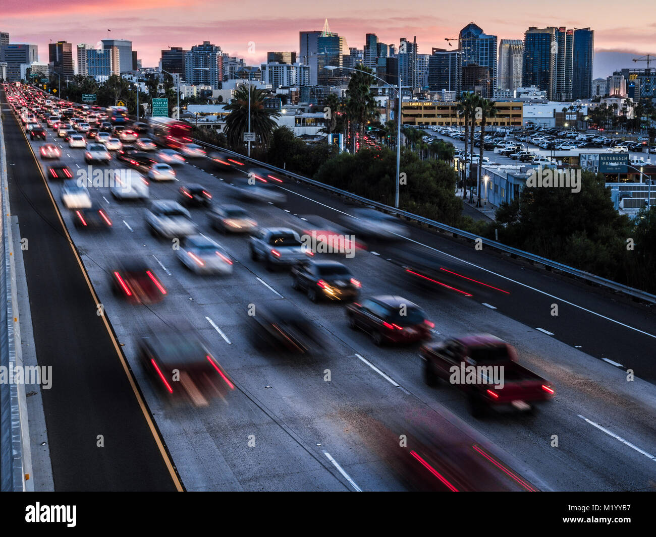 san diego skyline Interstate 5 rush hour traffic at night Stock Photo ...