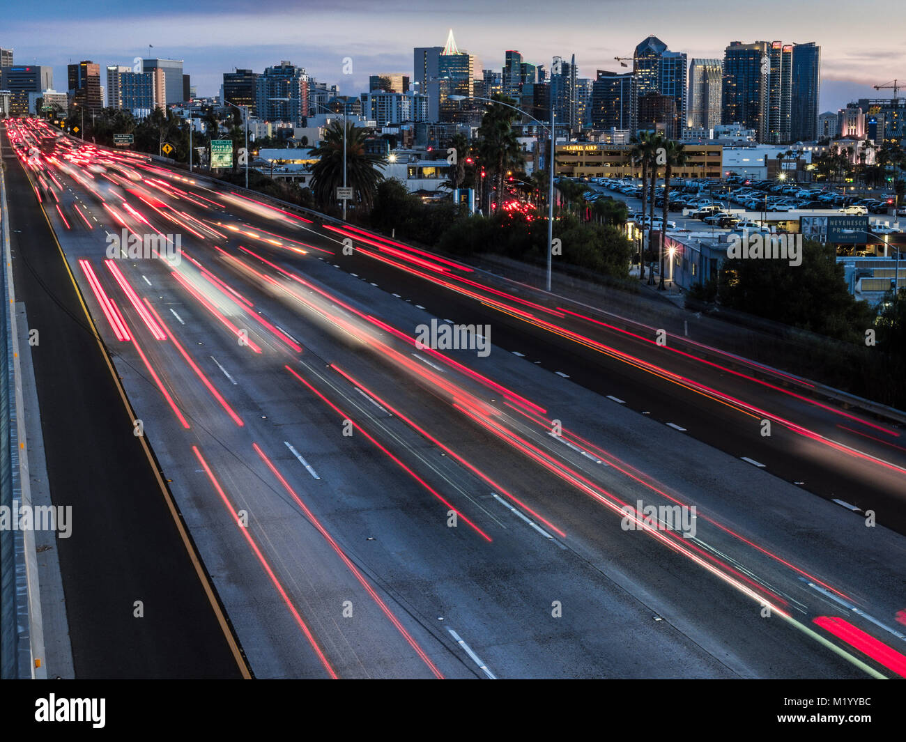 san diego skyline Interstate 5 rush hour traffic at night Stock Photo ...