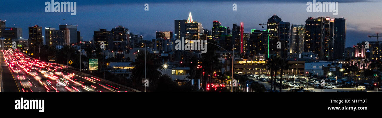 san diego skyline Interstate 5 rush hour traffic at night Stock Photo ...