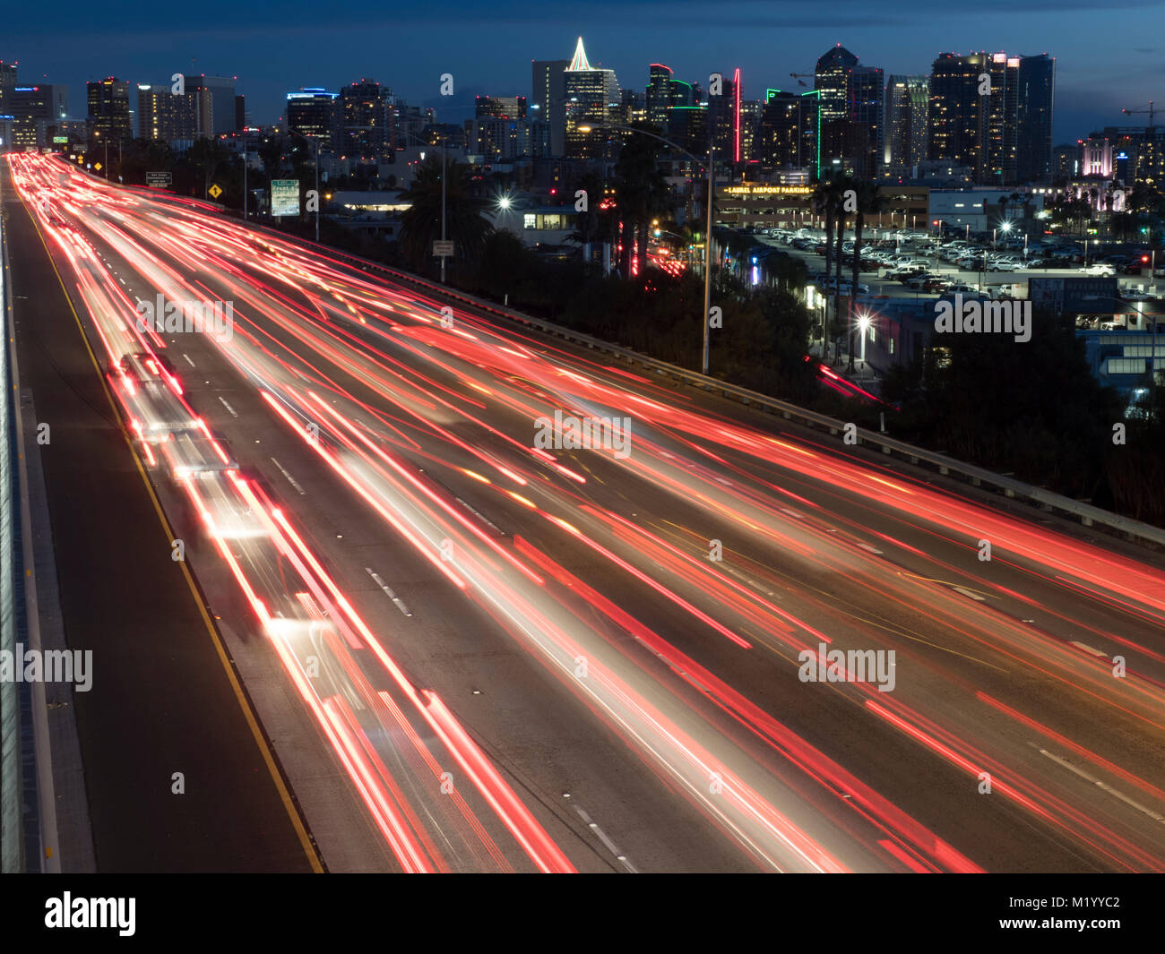 san diego skyline Interstate 5 rush hour traffic at night Stock Photo ...