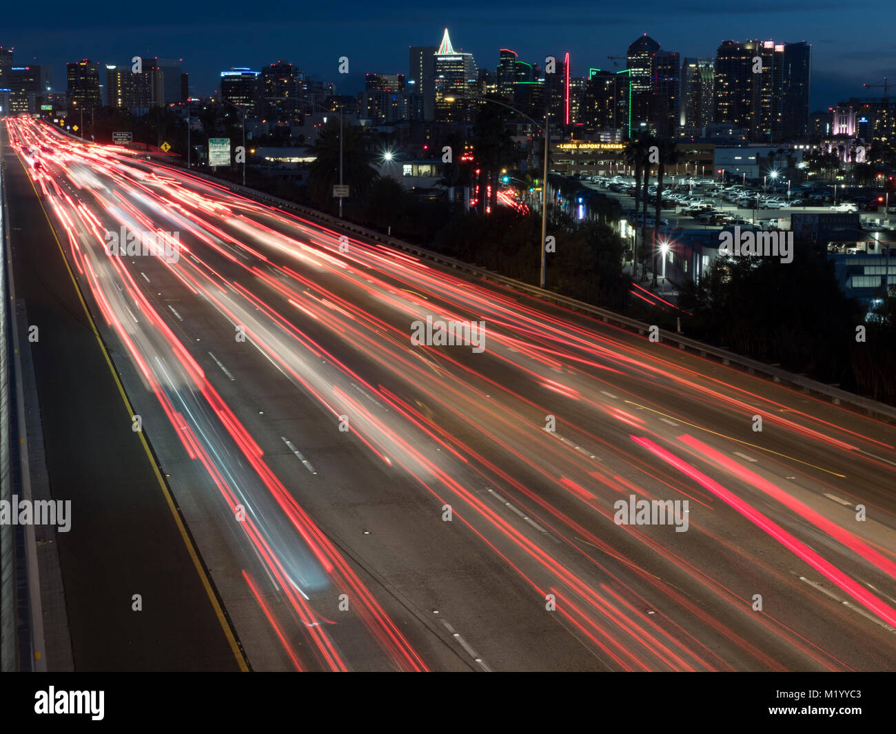 san diego skyline Interstate 5 rush hour traffic at night Stock Photo ...