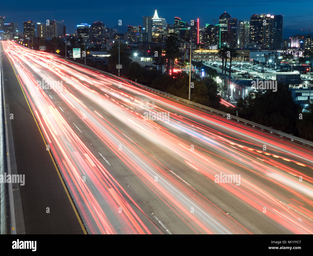 san diego skyline Interstate 5 rush hour traffic at night Stock Photo ...