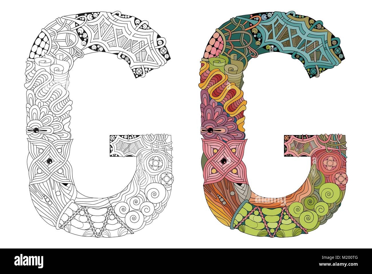 Hand-painted art design. Letter G zentangle objects. Colored and ...