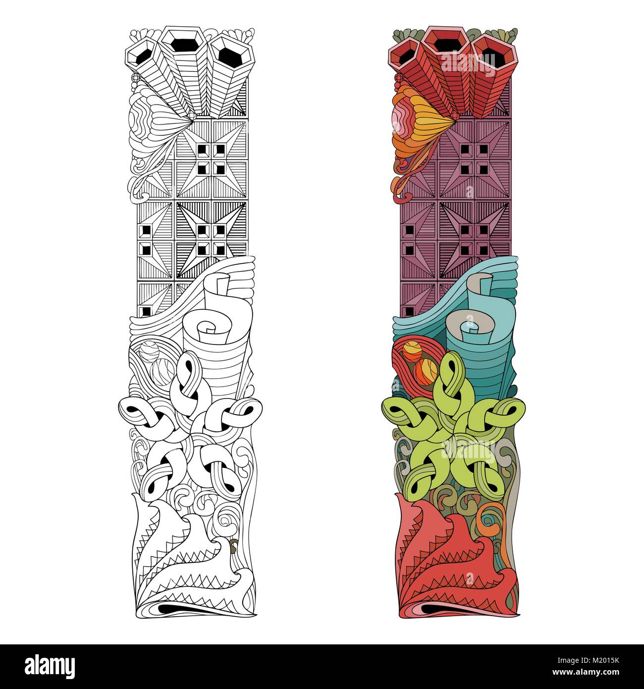 Hand-painted art design. Letter I zentangle objects. Colored and ...