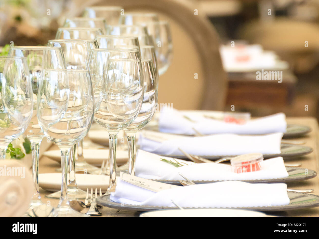 Banquet table set for a reception, party event or wedding celebration ...