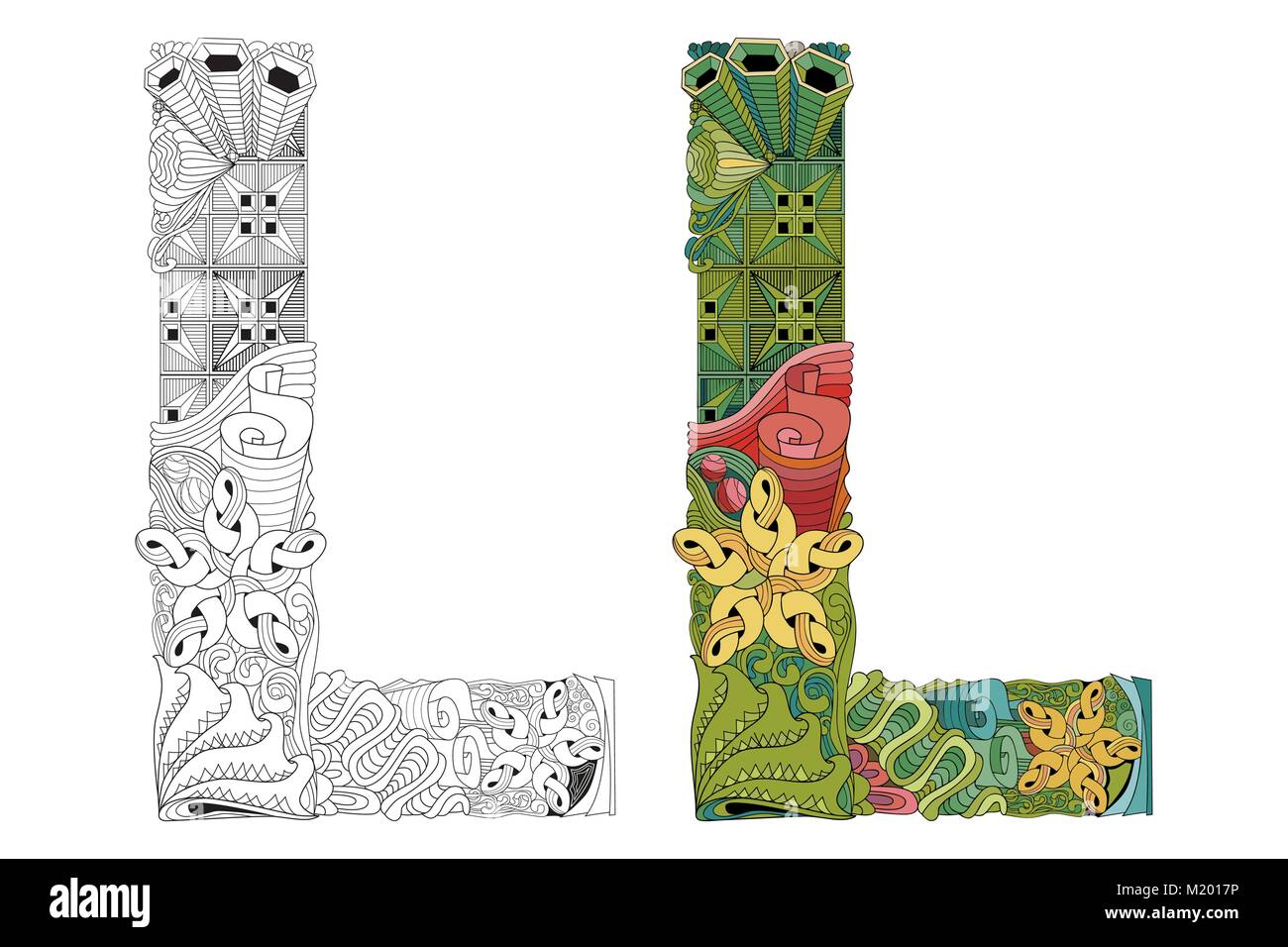 Hand-painted art design. Letter L zentangle objects. Colored and ...