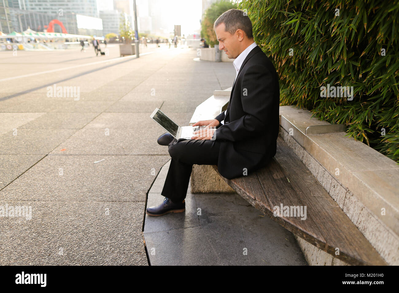 Businessman working with laptop outside near plant in Stock Photo - Alamy