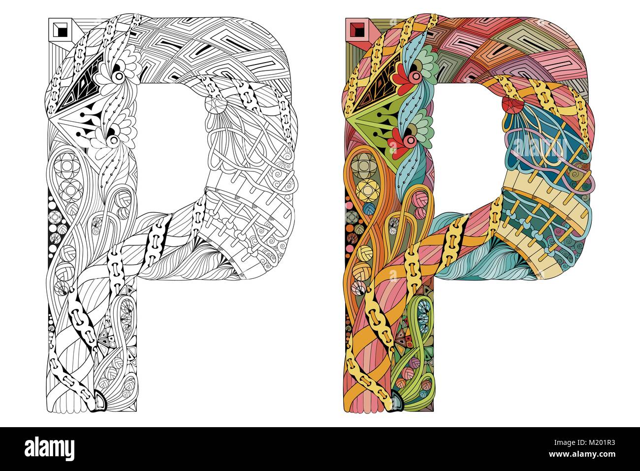 Hand-painted art design. Letter P zentangle objects. Colored and ...