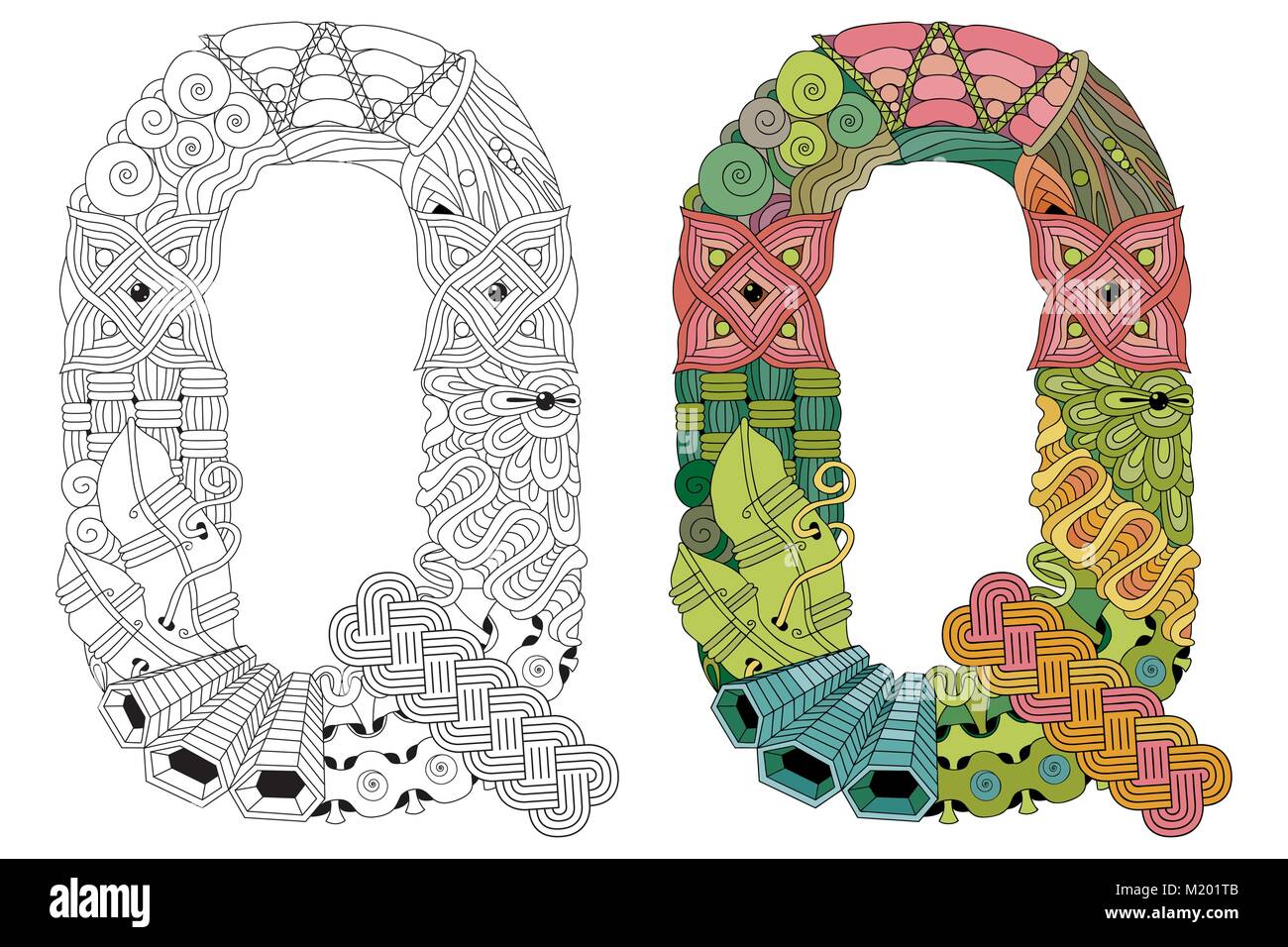 Hand-painted art design. Letter Q zentangle objects. Colored and ...