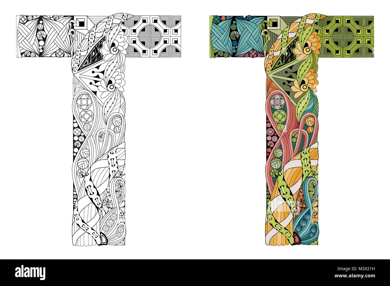 Hand-painted art design. Letter T zentangle objects. Colored and ...
