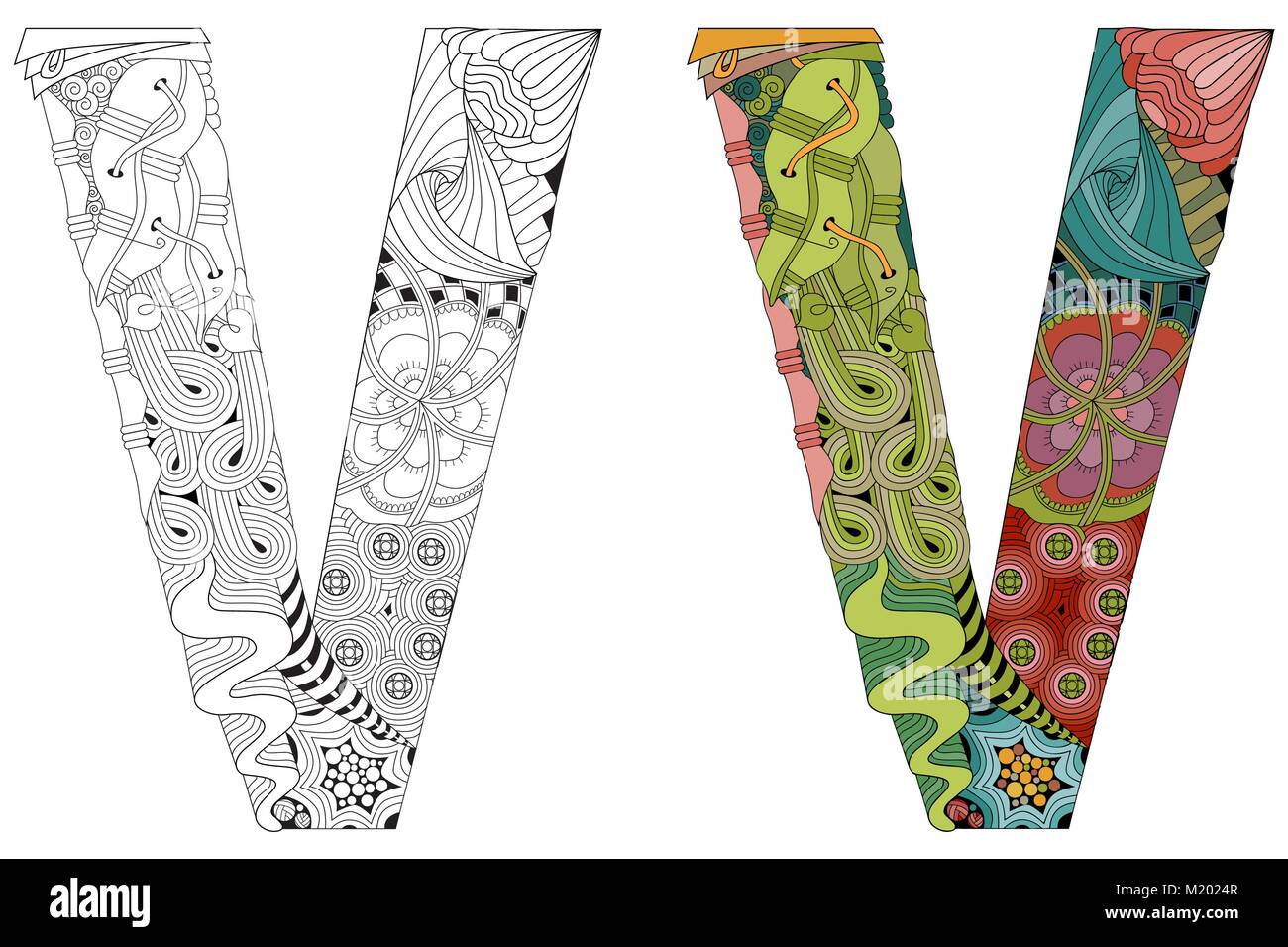 Hand-painted art design. Letter V zentangle objects. Colored and ...