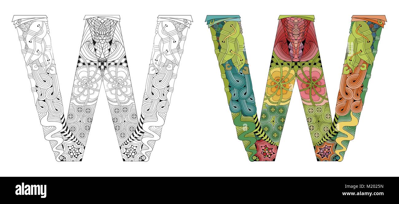 Hand-painted art design. Letter W zentangle objects. Colored and ...