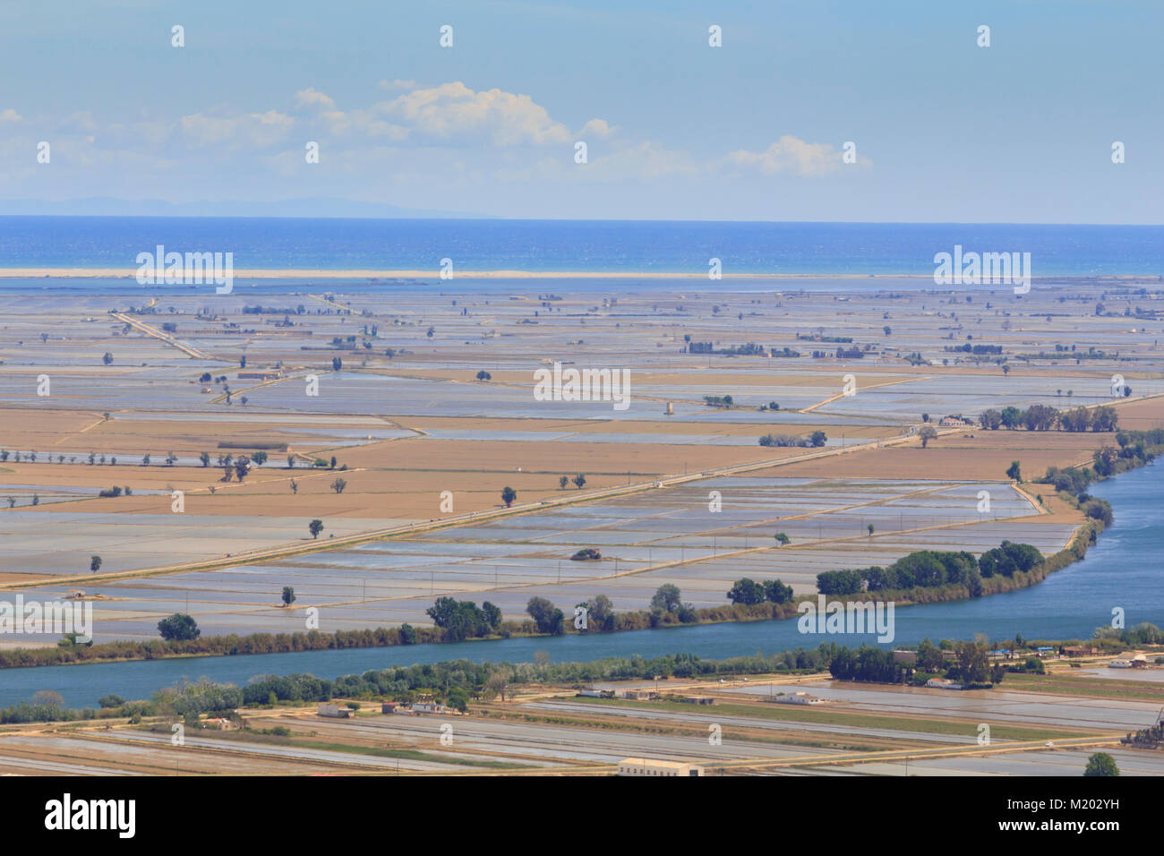 Ebro river and delta, with flooded rice fields in Terres de l'Ebre in ...