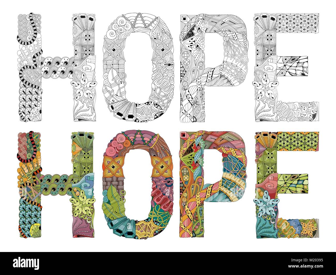 Hand-painted art design. Word HOPE zentangle objects. Colored and ...