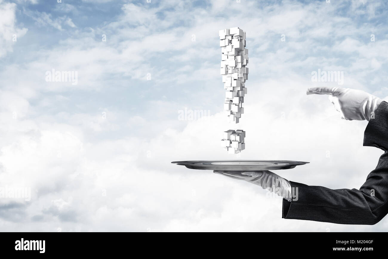 Hand of waiter presenting exclamation mark on tray Stock Photo - Alamy