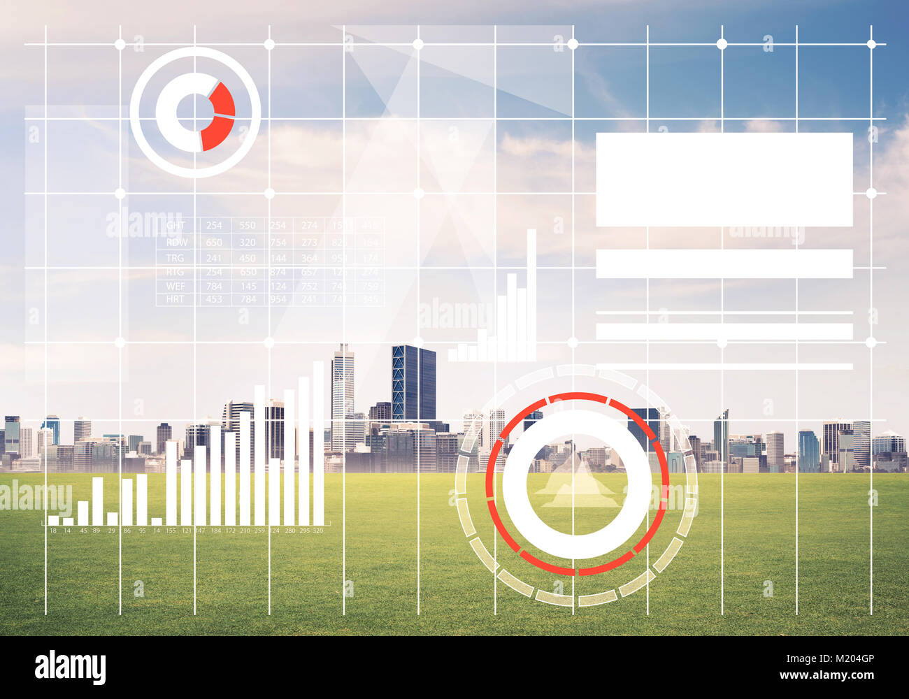 Natural background with modern cityscape green field and media i Stock ...