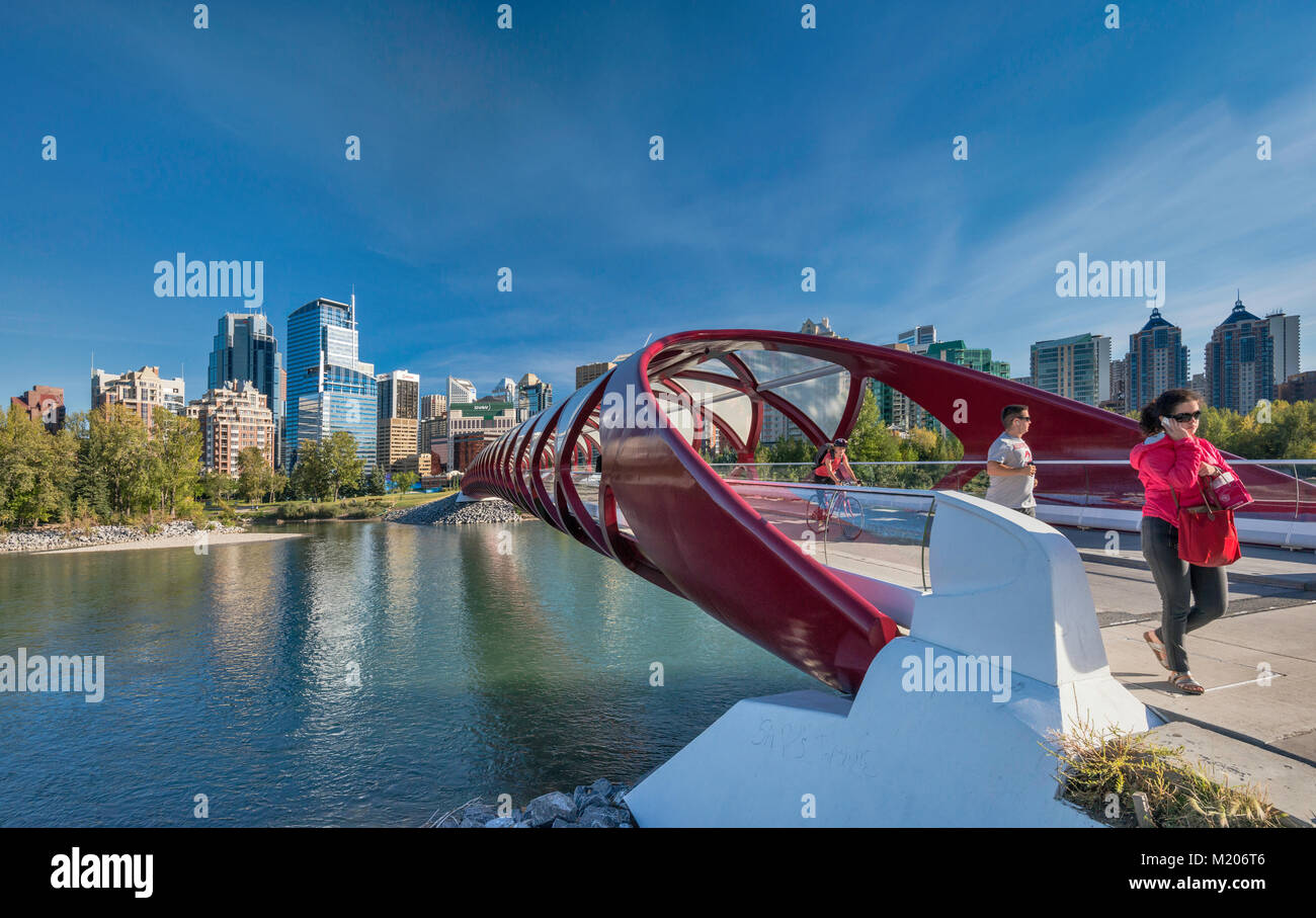Peace Bridge, pedestrian bridge over Bow River near downtown Calgary ...