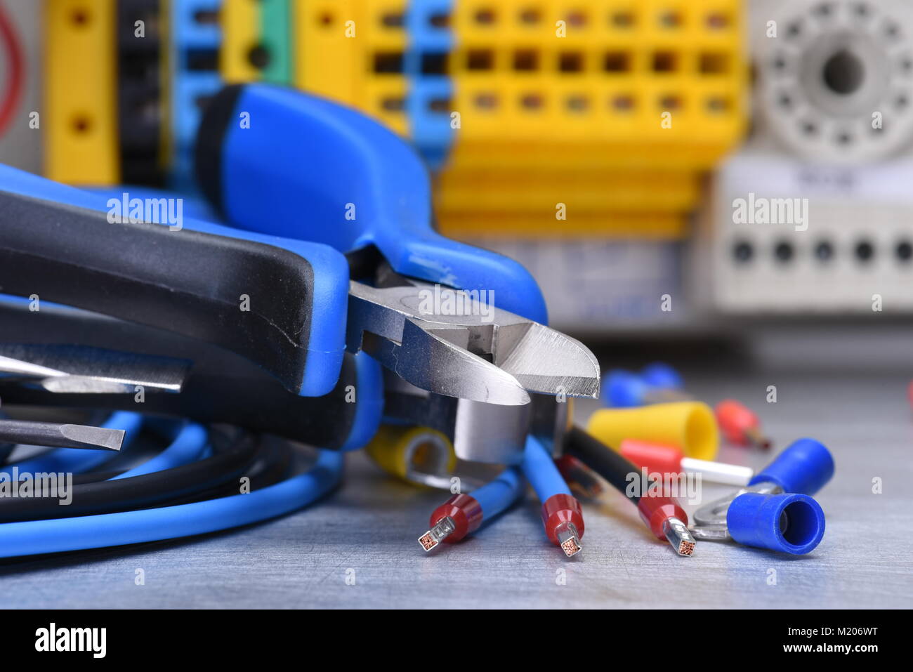 Closeup of electrical tool and devices with switch gear cabinet Stock ...