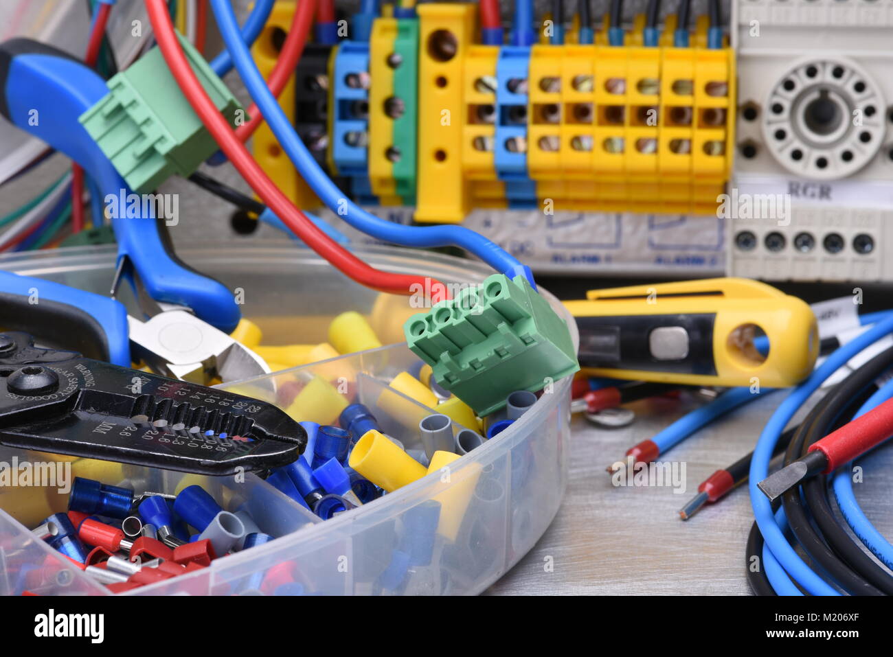 Electrical tools, accessories and electric switchgear cabinet Stock ...