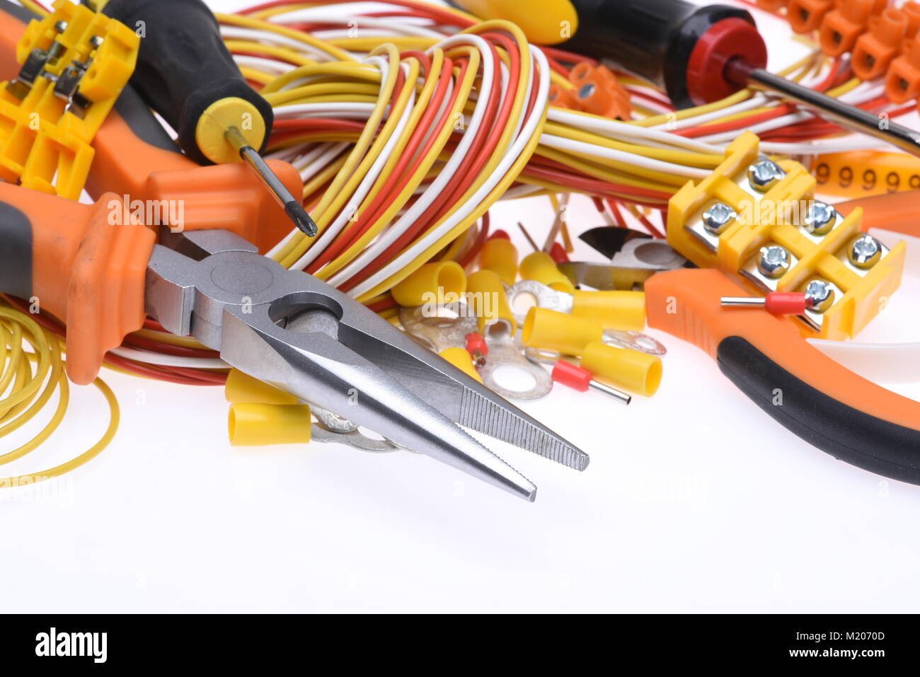 Set of electrical tools and cables on white background Stock Photo - Alamy