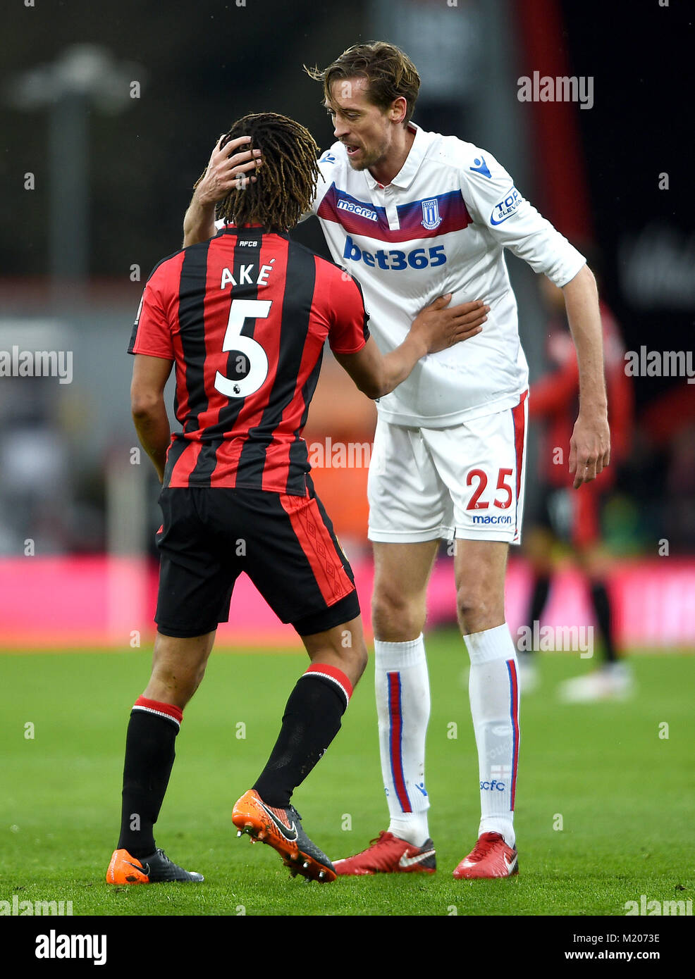 Stoke City's Peter Crouch (right) and AFC Bournemouth's Nathan Ake ...