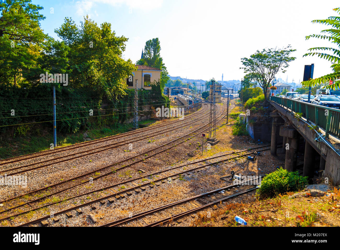 Railroad intersection view from sunny day Stock Photo - Alamy